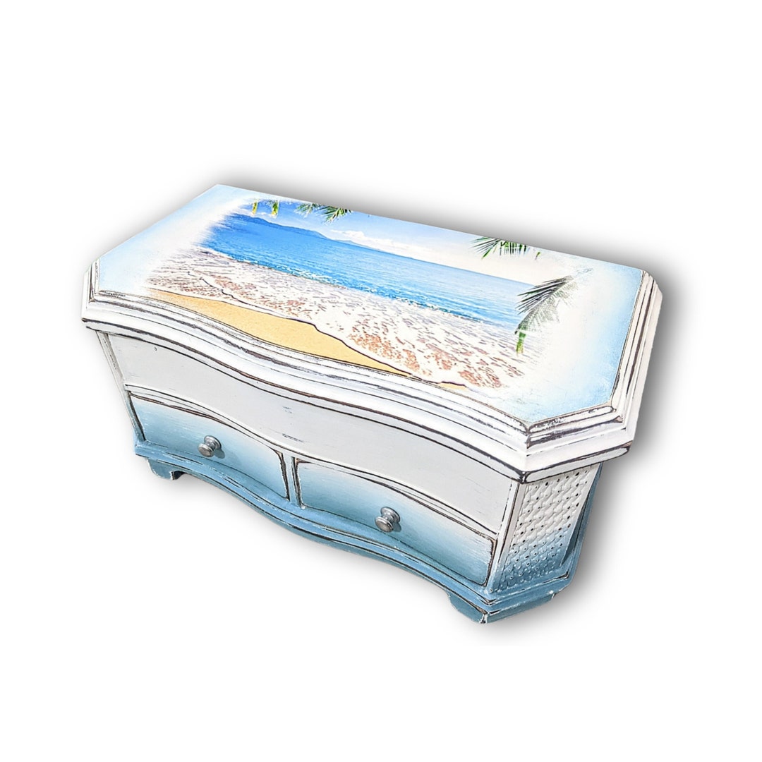 Beach Jewelry Box, Blue Ombre Custom Hand Painted Vintage Wood Jewelry ...