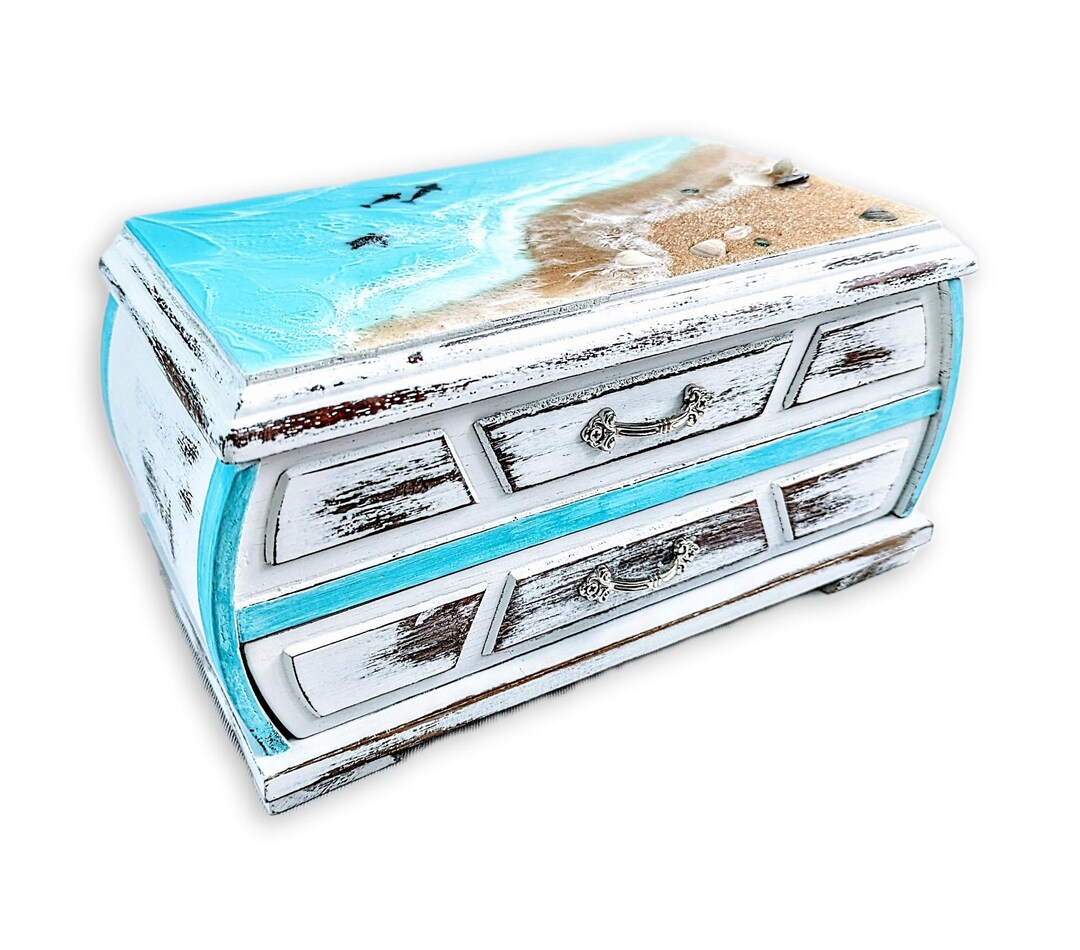 Beach Jewelry Box, Resin Art Hand Painted Vintage Wood Jewelry ...