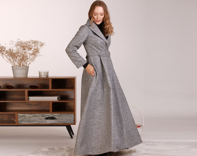 Wool Long Coat, Elegant Wool Princess Coat With Pockets, Winter Gray ...