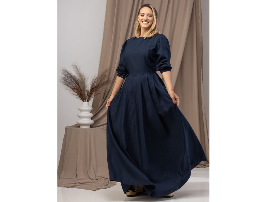 Linen Homestead Dress, Plus Size Navy Blue Dress, Maxi Prairie Puff ...