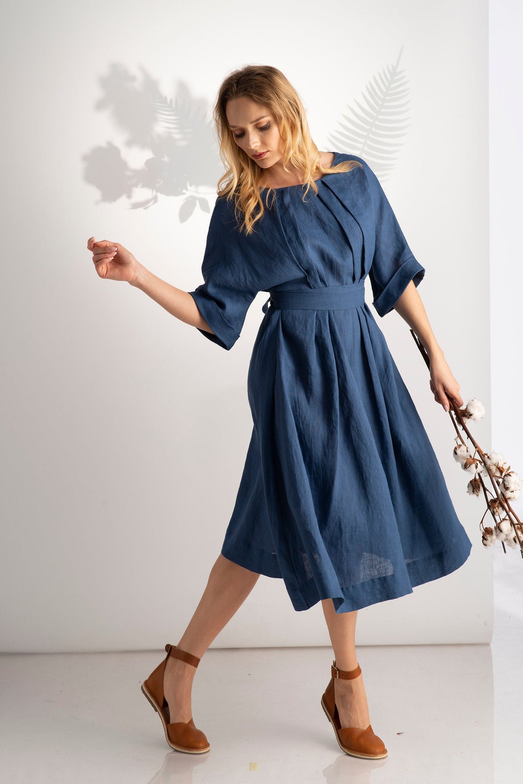 Linen Wedding Guest Dress, Linen Cottagecore Slate Blue Dress, Plus ...