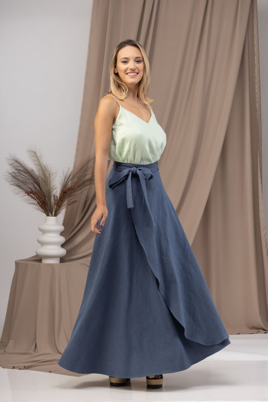 Flowy Linen Wrap Skirt, Split Tulip Skirt With Tie, Maxi Full Circle ...