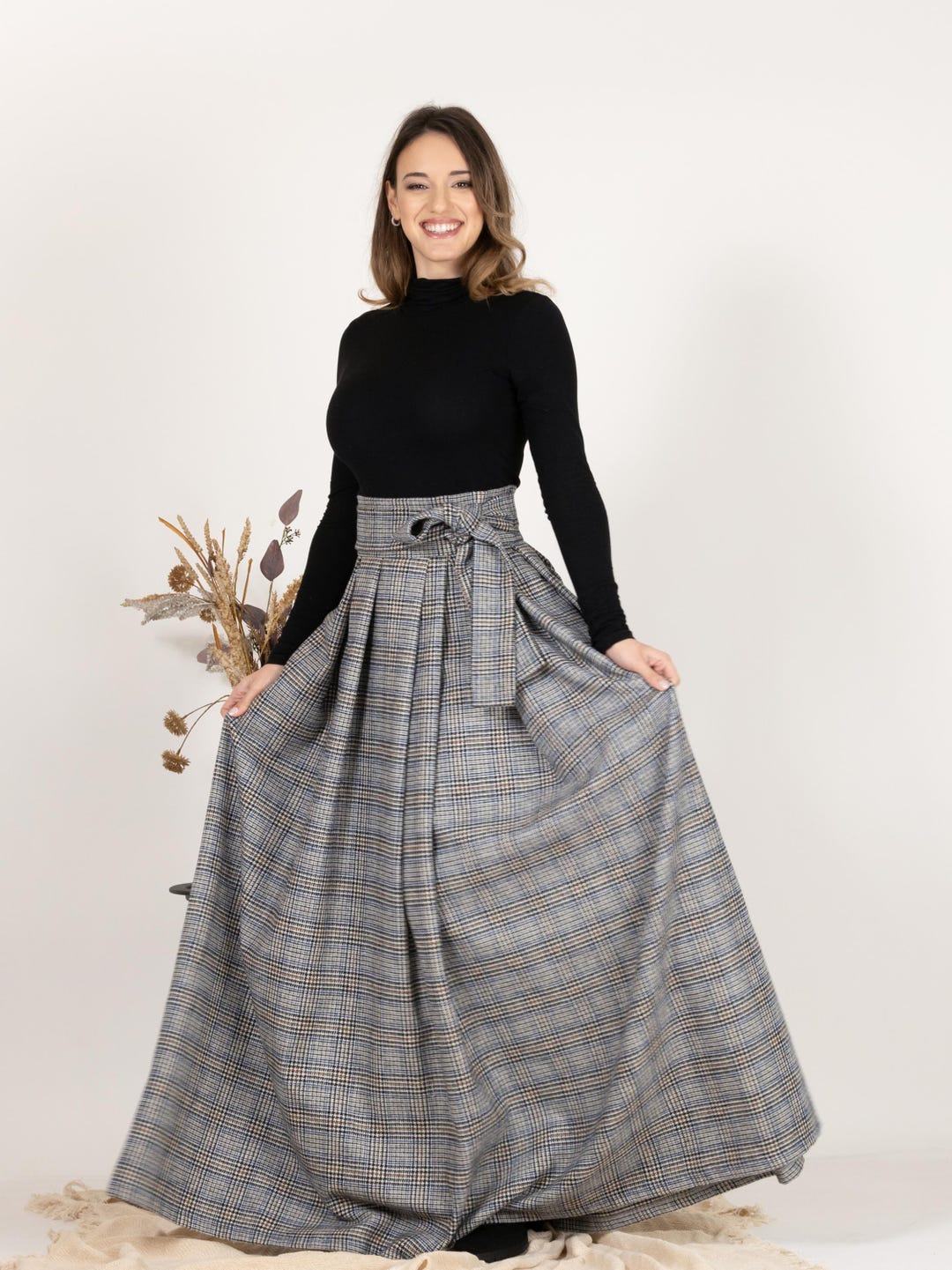 Wool Plaid Skirt With Bow Belt, High Waist Wool Skirt, Evening Pleated ...
