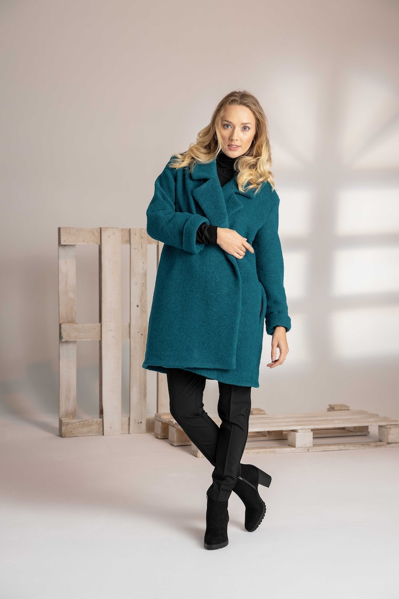 Teal Green Short Wool Coat, Winter Textured Oversized Coat, Jackets ...