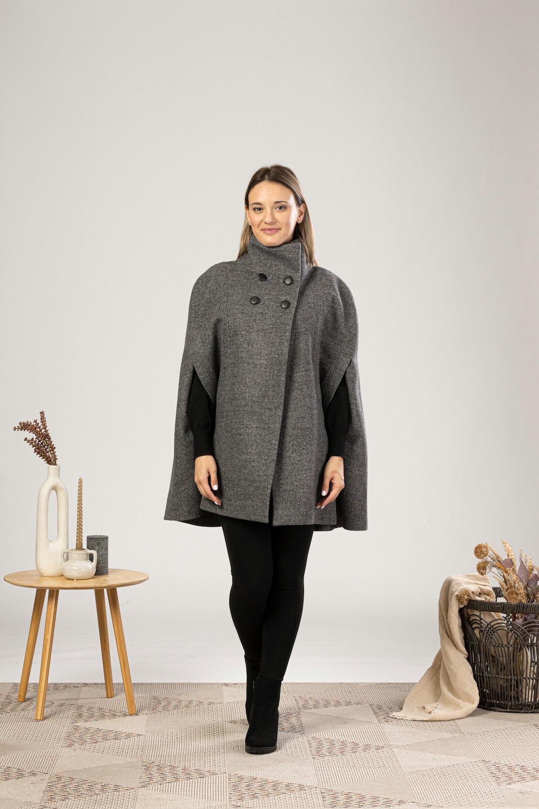 Wool Cape Coat, Dark Gray Pea Coat, Winter Overoat With Buttons, Wool ...
