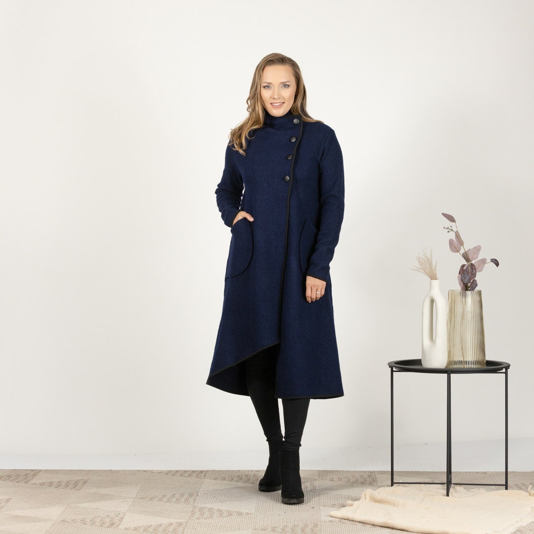 Dark Blue Wool Overcoat With Pockets, High Collar Elegant Wool Coat ...