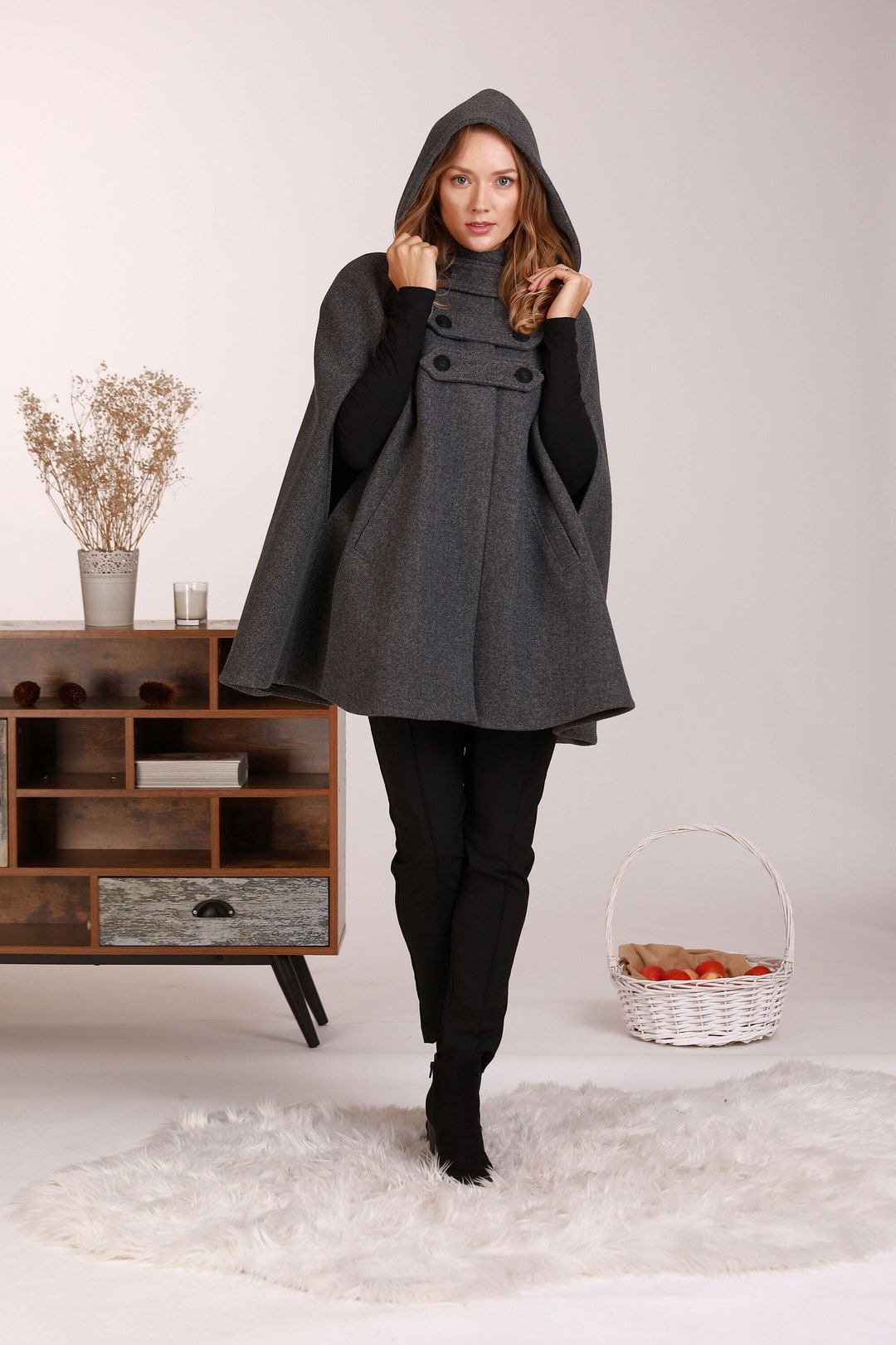 Wool Hooded Cape Coat, Winter Cloak Women, Plus Size Cape Coat, Warm ...