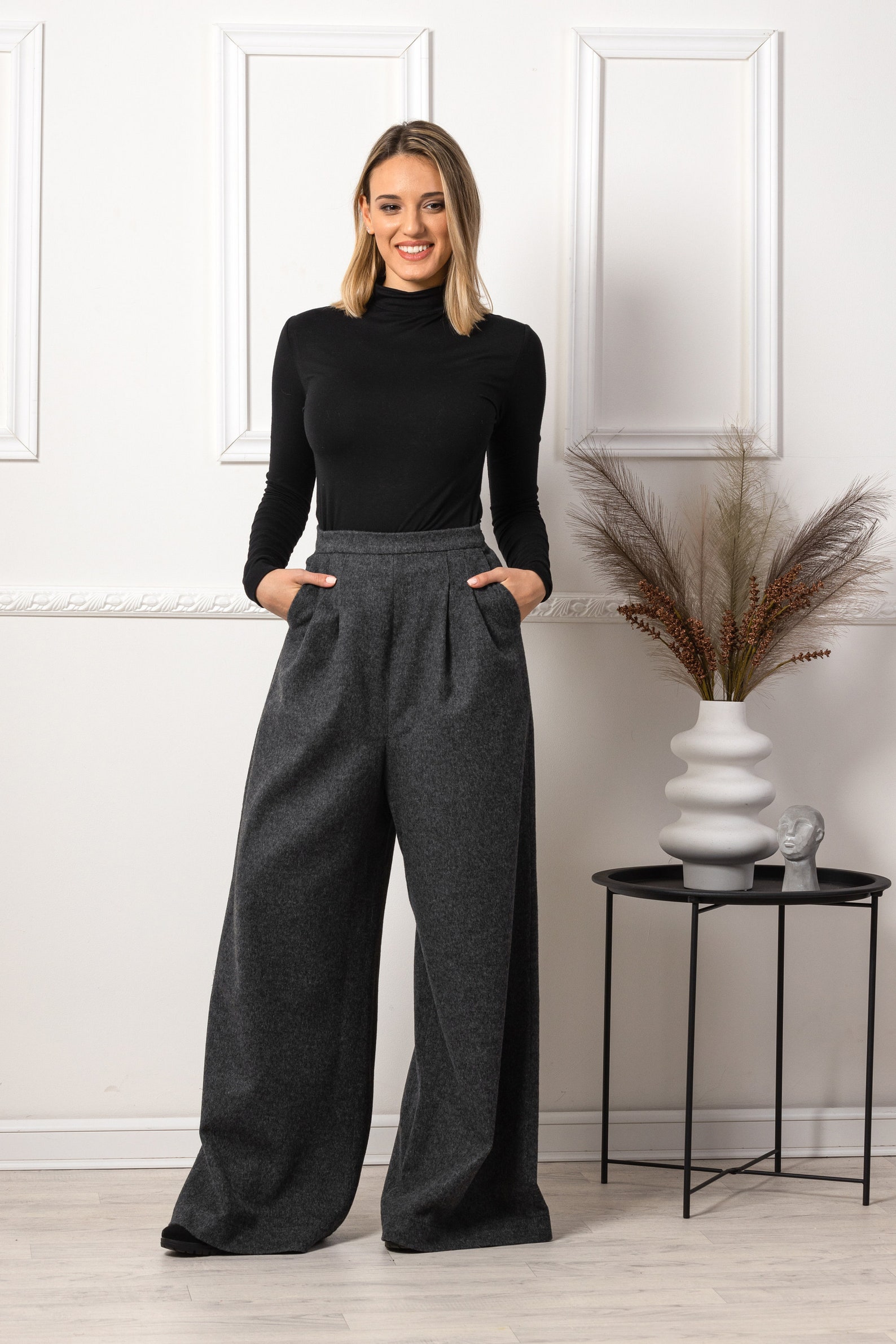 Classy Wide Leg Cool Wool Pants With Pockets, Dark Academia Pleated ...