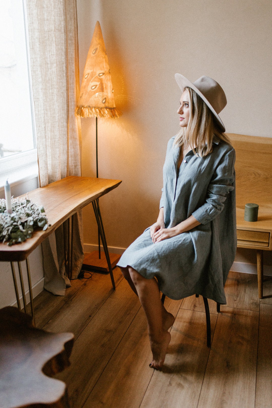 Flowy Cottagecore Linen Tunic Dress With Buttons, Knee Length Summer ...