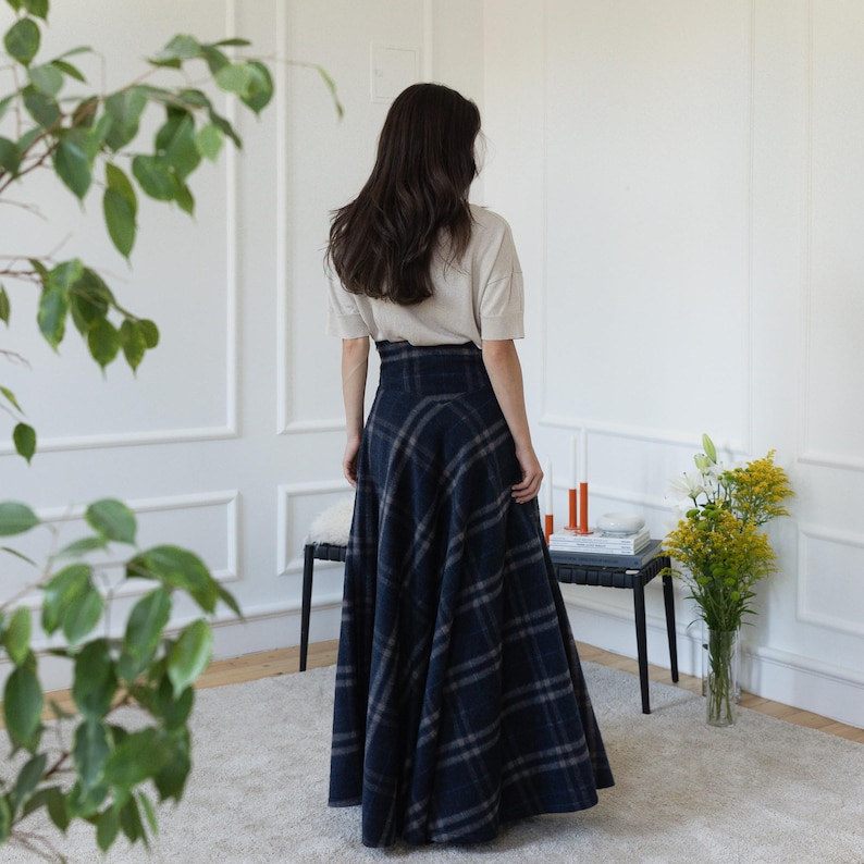 Plaid Wool A-line Maxi Skirt: Dark Blue Victorian Style With Ultra High ...