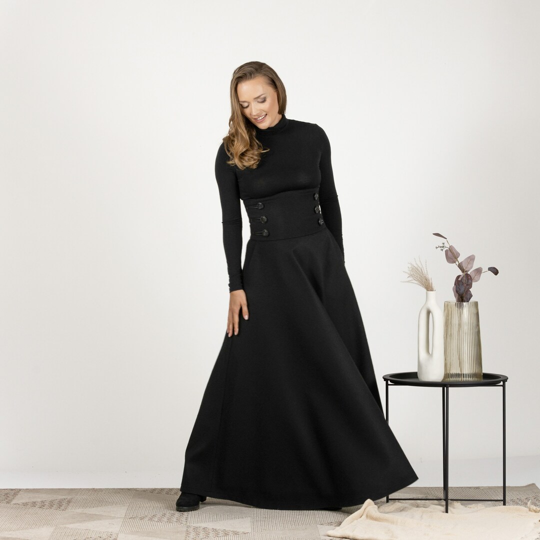Black Wool Maxi Gothic Skirt, Victorian Walking Wool Skirt, Dark ...