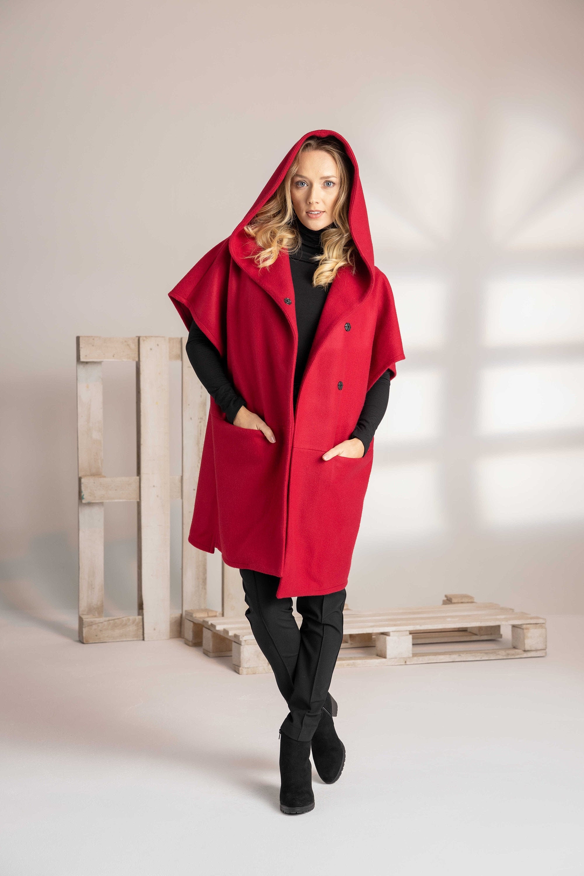 Red Wool Cape Coat With Hood and Pockets Winter Woolen | Etsy