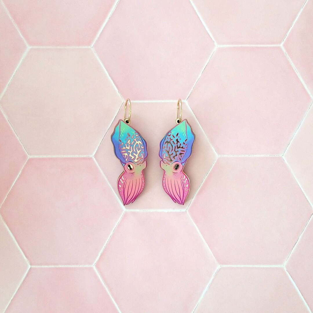 Gold Mirror Cuttlefish Statement Hoop Earrings With Charm Laser Cut ...