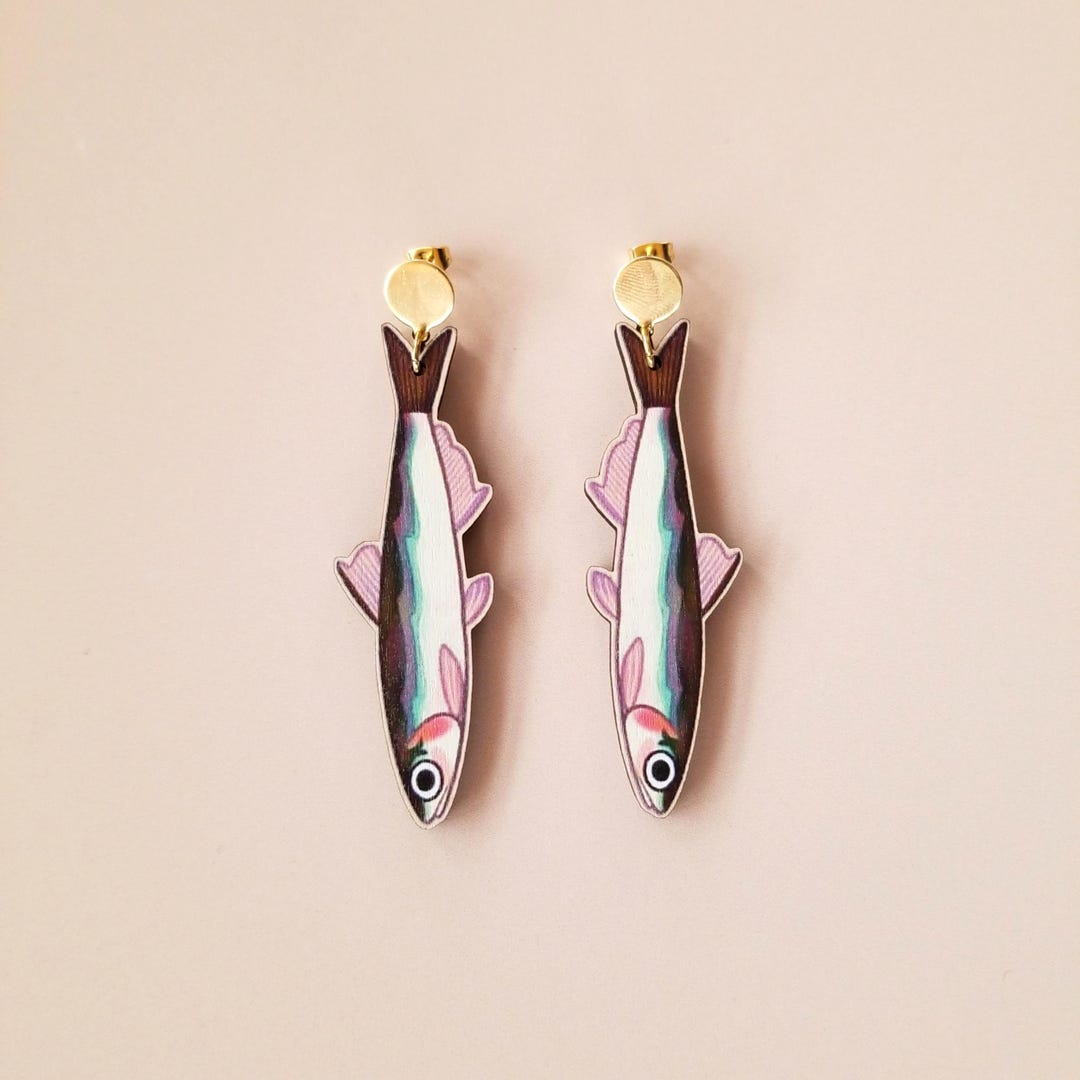 Dangly Anchovy Fish Earrings ~ Funky Quirky Wooden Statement Earrings ...