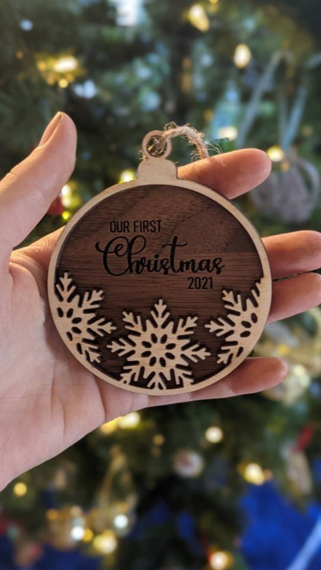 SALE Our First Christmas Ornament With Year Laser Cut Walnut Christmas ...