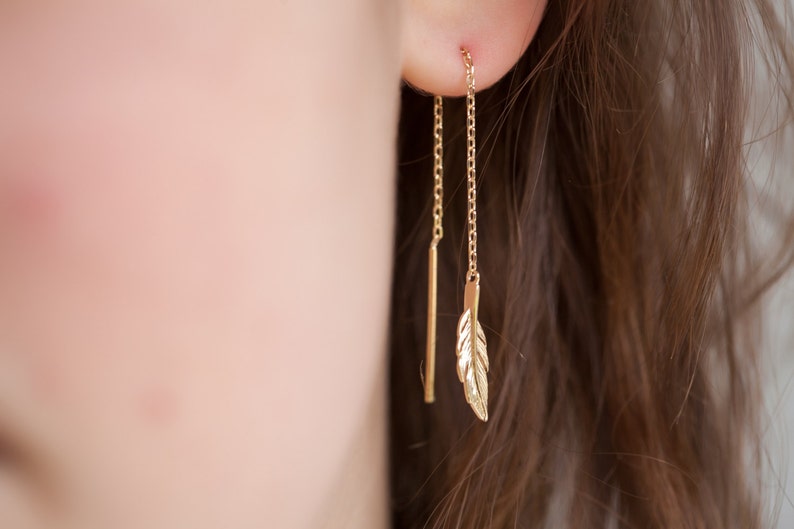 Feather Chain Earring Gold Filled or Silver Feather chain | Etsy