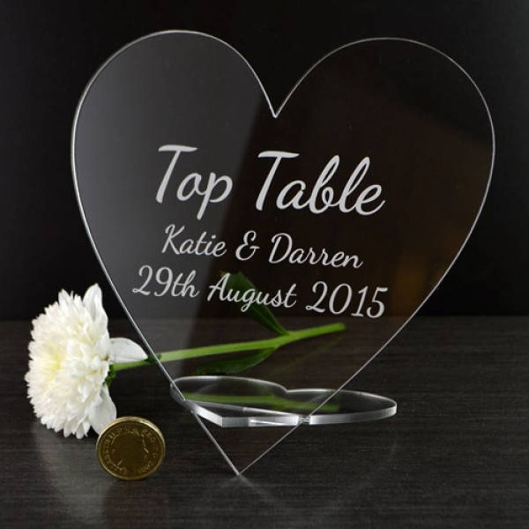 Heart Shaped Acrylic Glass Personalised Wedding Plaque Top Table ...
