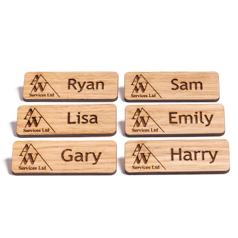 Personalised Wooden Name Badges - Custom Engraved Wood Logo Tags With ...