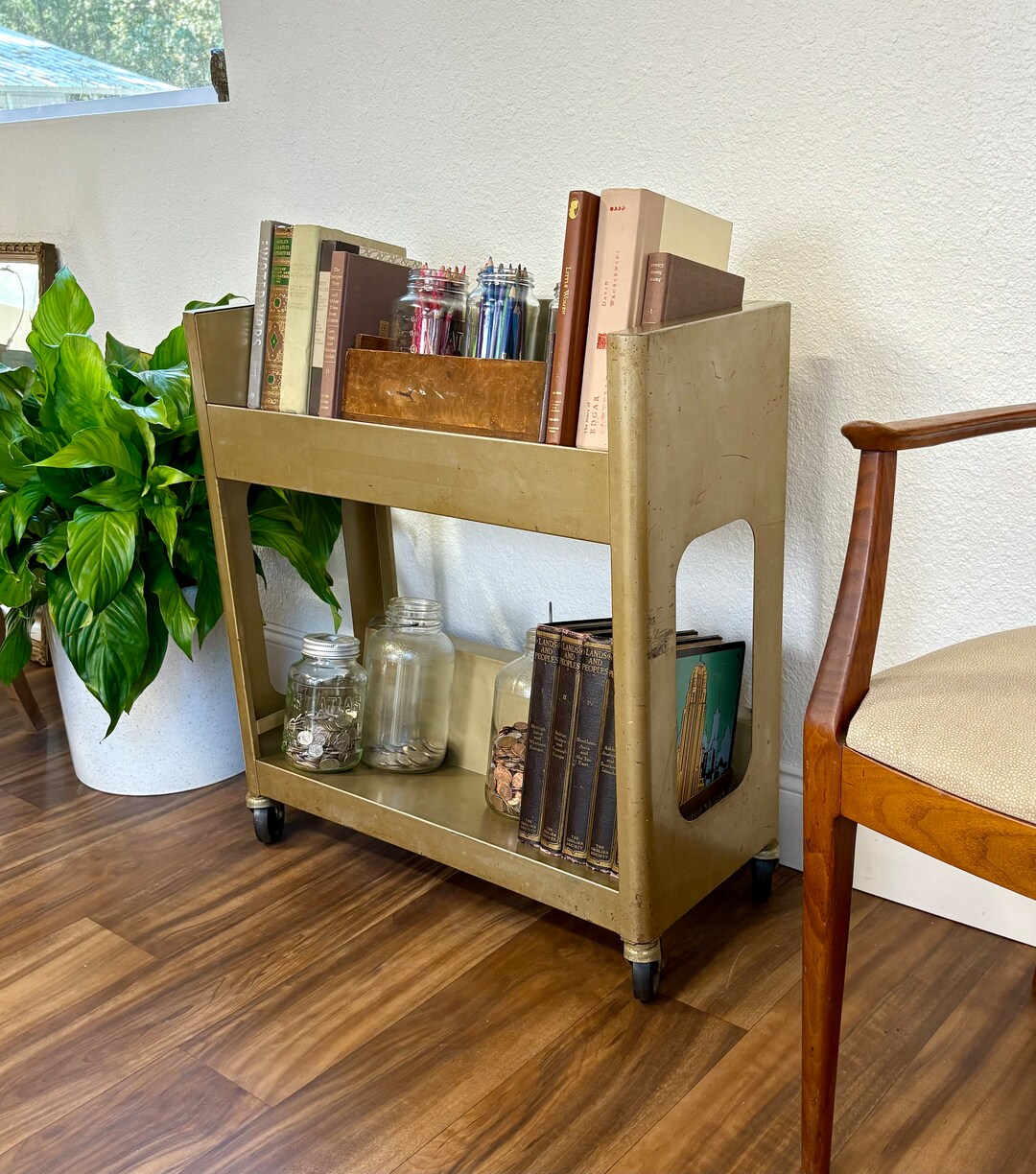 Art Deco Library Bookshelf Cart Antique Rolling Metal Book Shelves ...