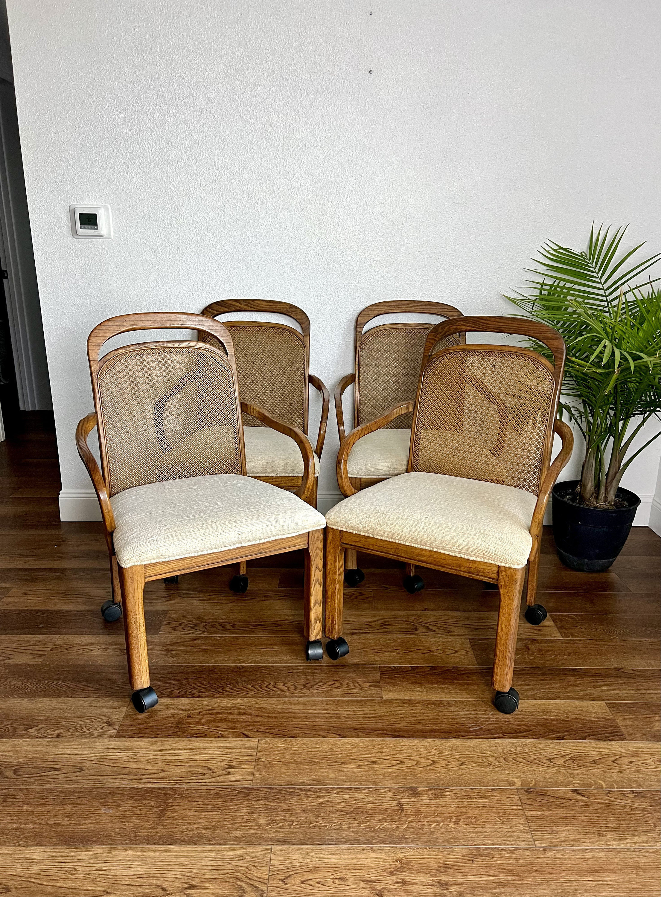 Mid Century Caned Dining Chairs Rolling 1980s Vintage SET of 4 Boho Arm Chairs Oak Dinette Chair Set With Cushioned Seats on Casters Etsy