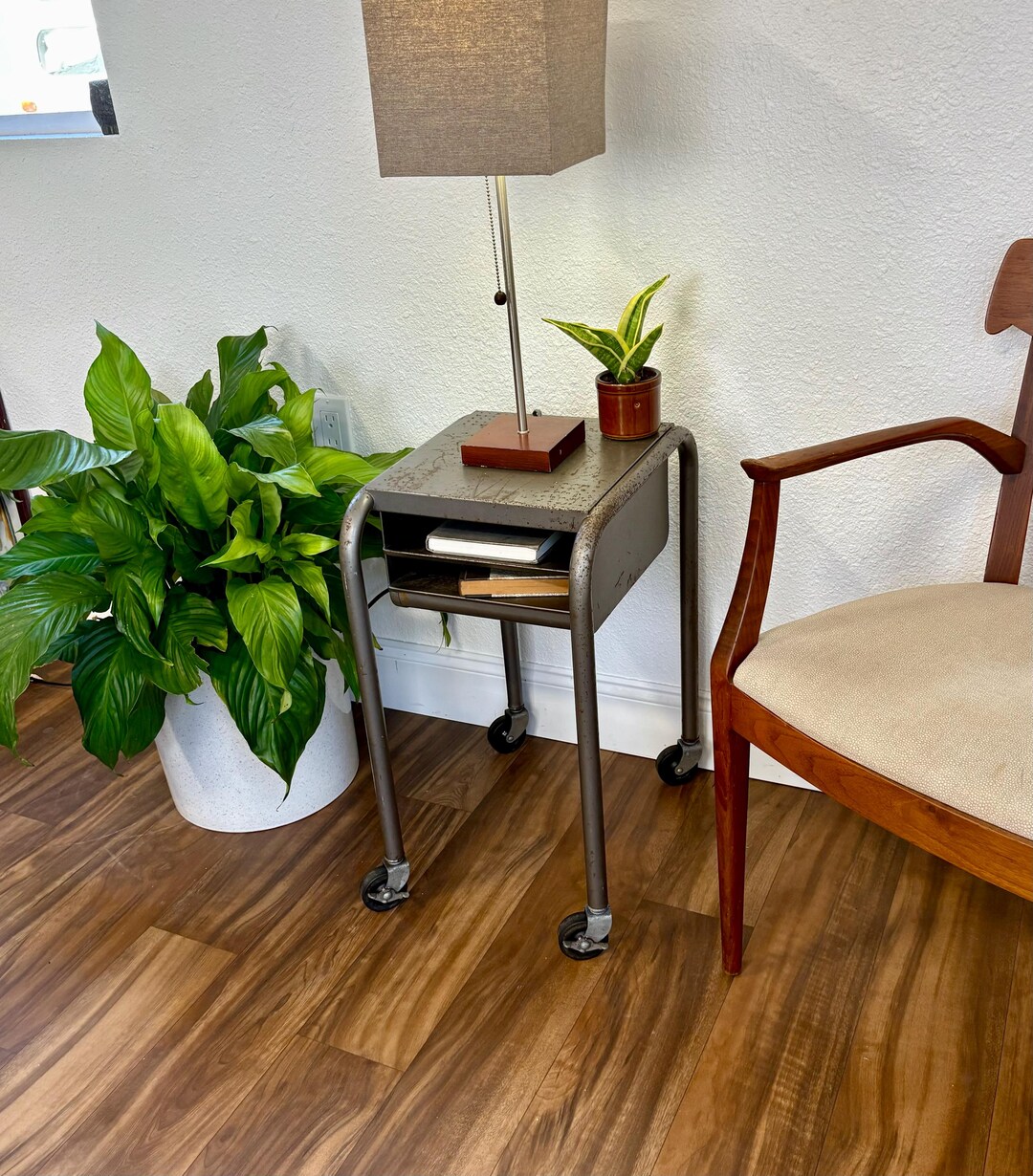 Industrial Table on Wheels Vintage Steel Nightstand Rolling Utility Stool Factory Cart Mobile ...