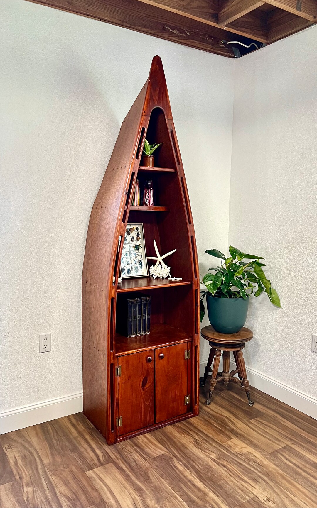 Vintage Wood Boat Bookshelf 85 Tall Coastal Nautical Lakehouse Canoe ...