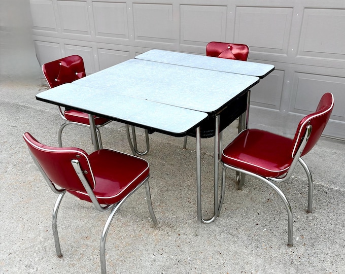 1950s Chrome Dinette Set, Enamel Top Table, 4 Red Vinyl Chairs, Retro ...
