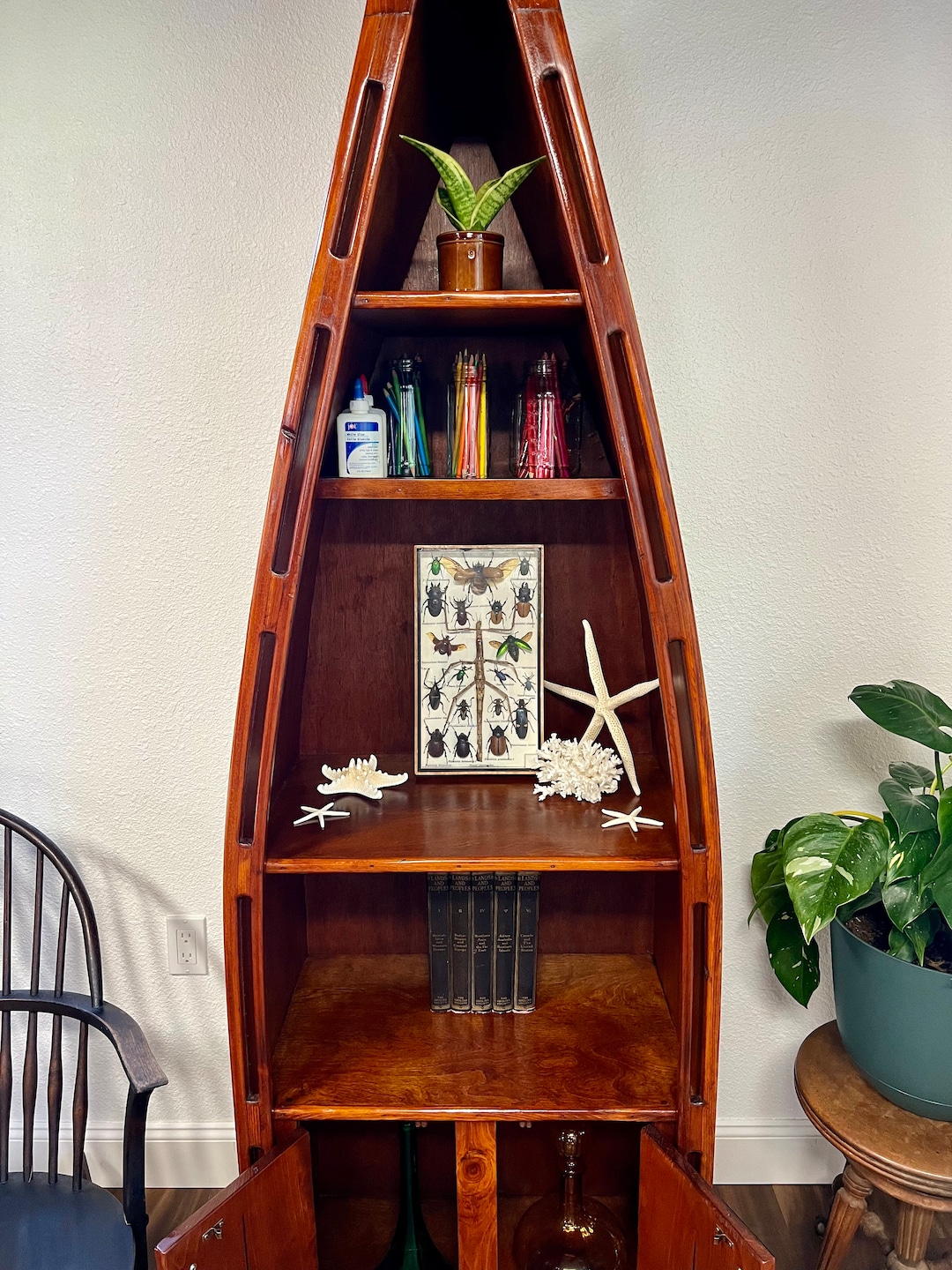 Vintage Wood Boat Bookshelf 7 Foot Tall Coastal Wooden Canoe Shelves ...