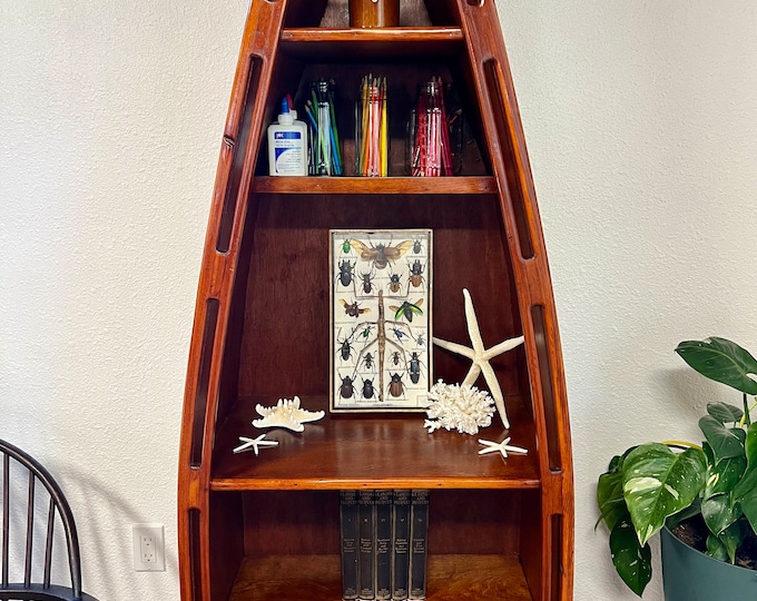 Vintage Wood Boat Bookshelf 7 Foot Tall Coastal Wooden Canoe Shelves ...
