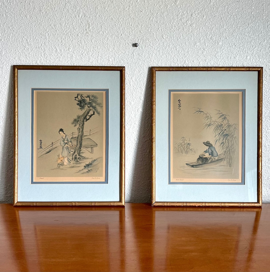 Pair Chinese Lithograph Prints by Ling Fu-yang Asian Art Picture Set ...