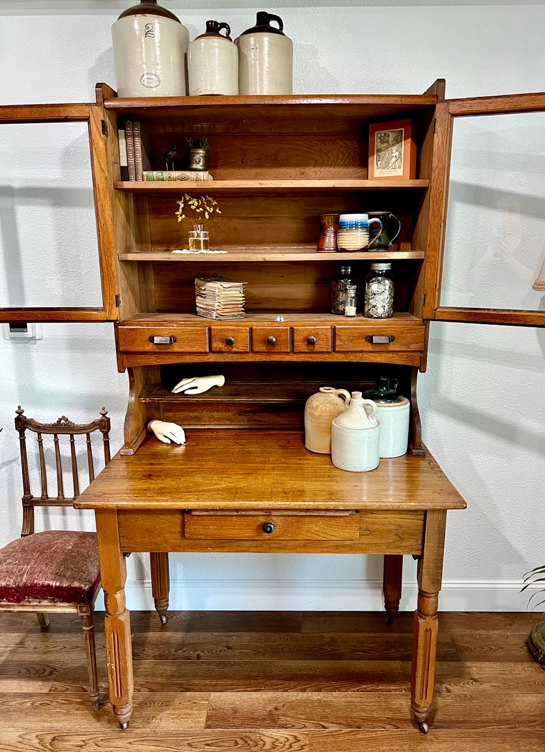 Primitive Oak Kitchen 19th Century Farmhouse Work Station With Glass Doors Secretary Bookshelf ...