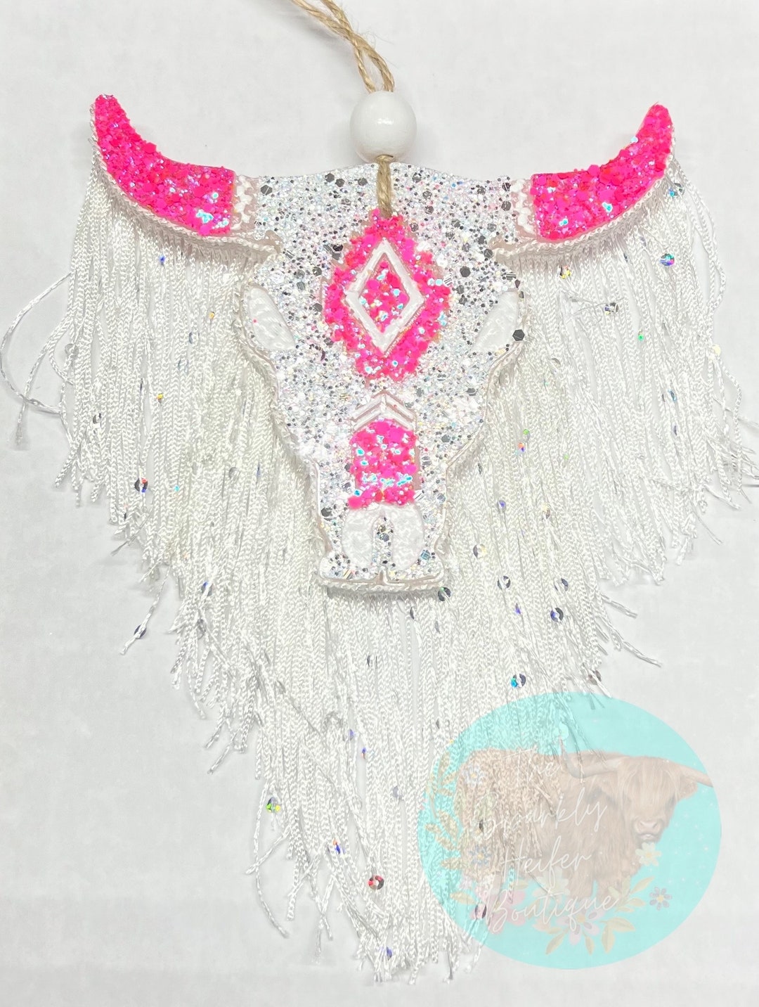 Small White & Neon Pink Fringe Aztec Bull Skull Car Freshie,custom Made ...