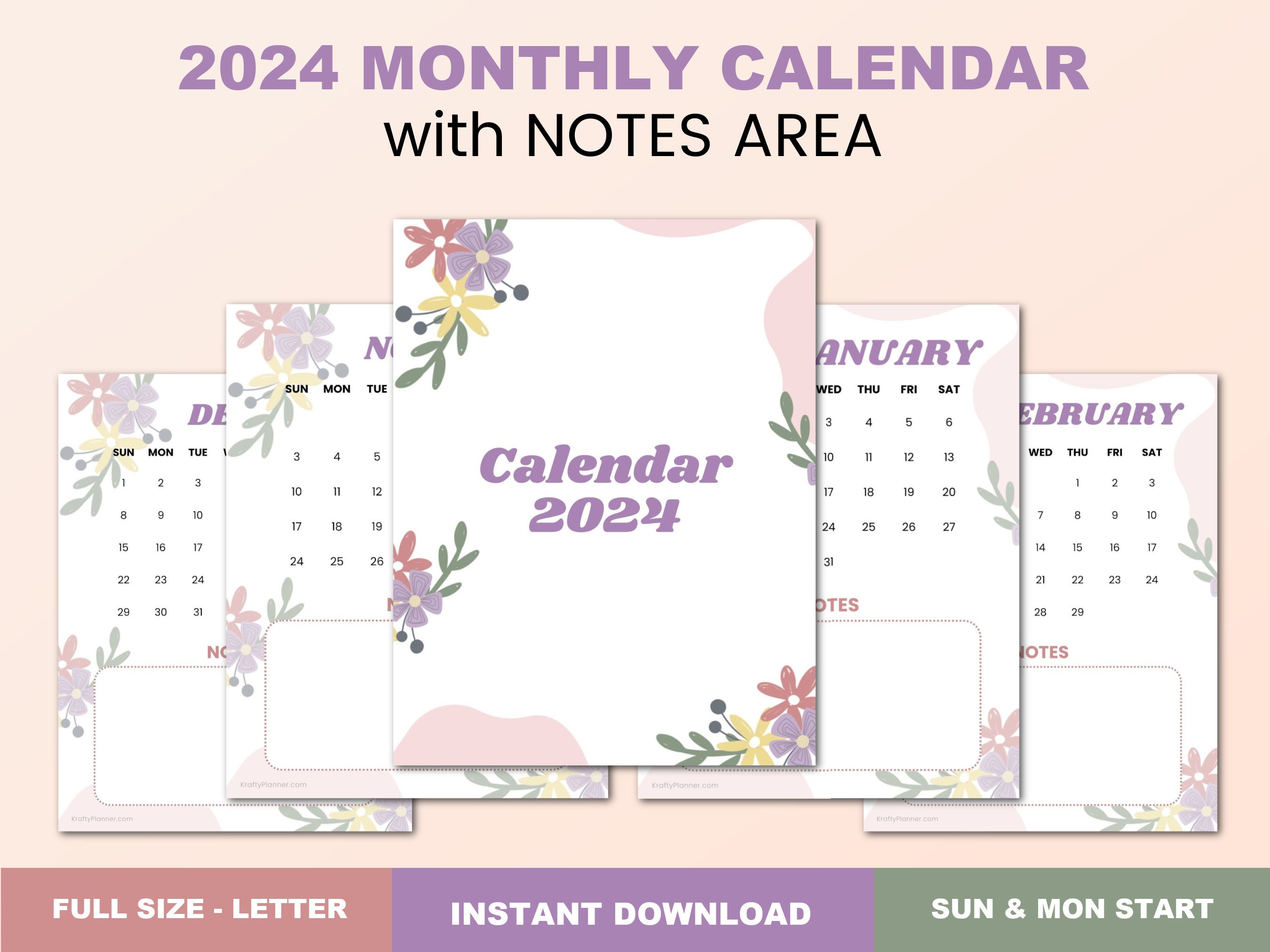 2024 Printable Floral Calendar With Notes Area Pretty Monthly Calendar ...