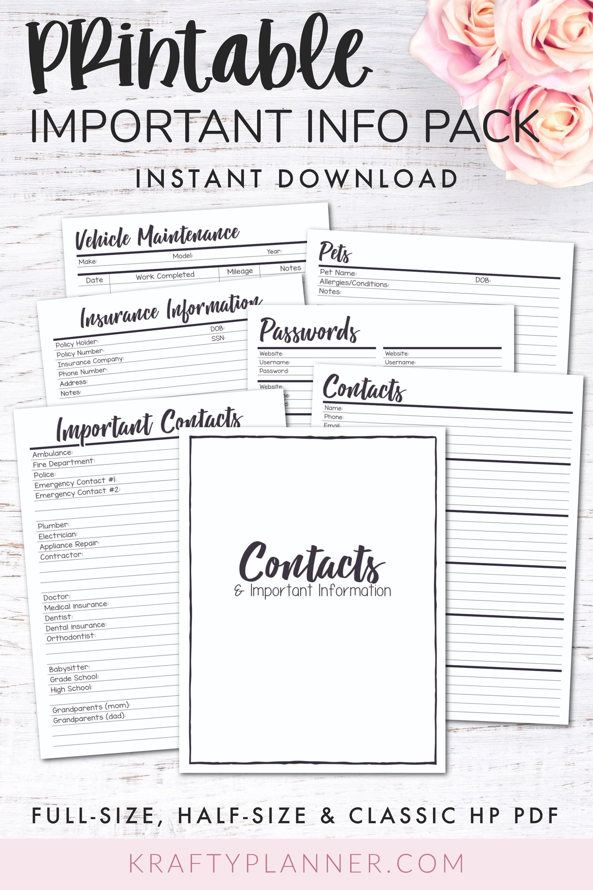 Contacts & Important Information Planner Pack 23 Pages digital Download ...