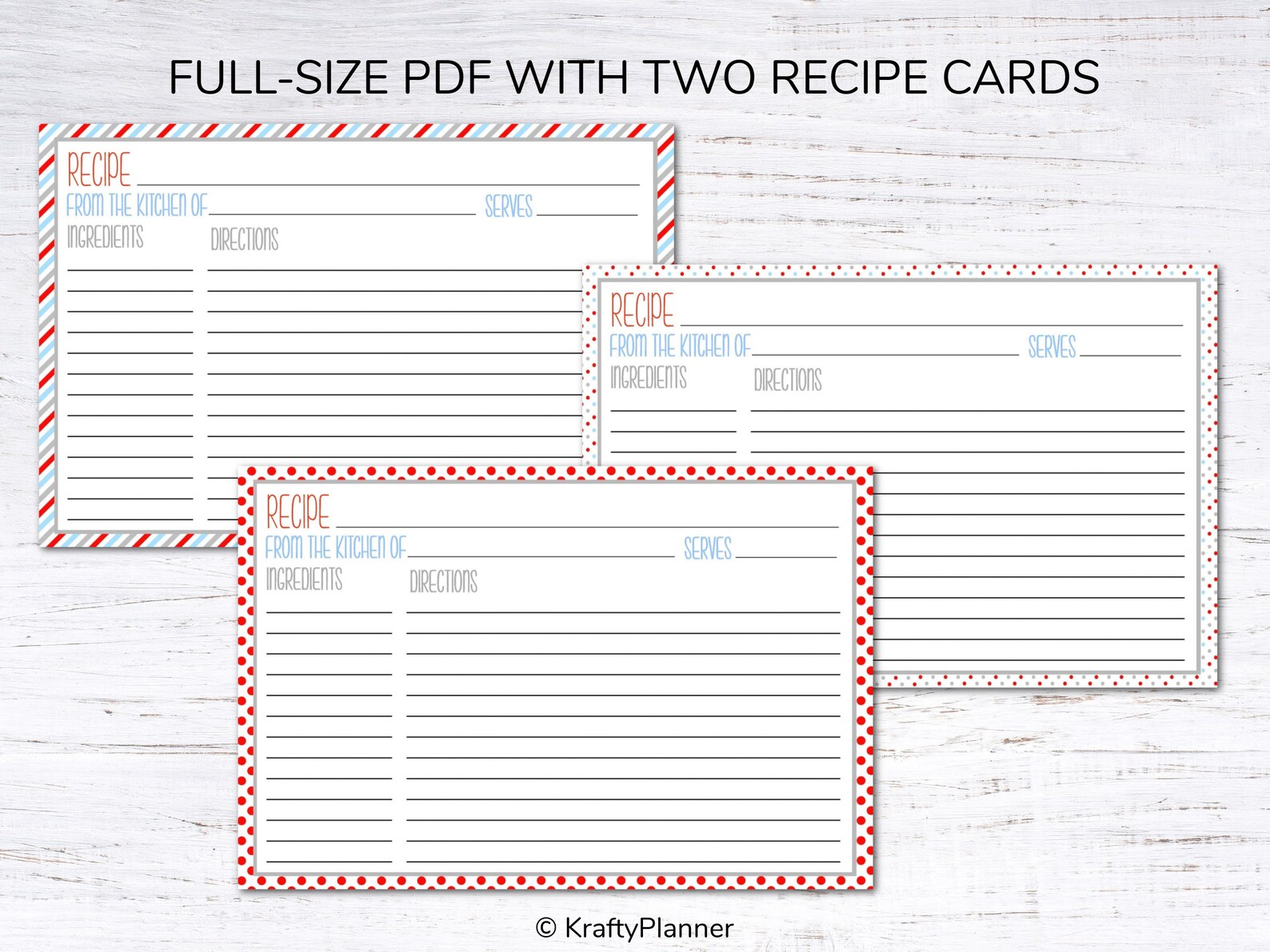 Recipe Cards - Instant Download - Red, Blue & Gray - Etsy