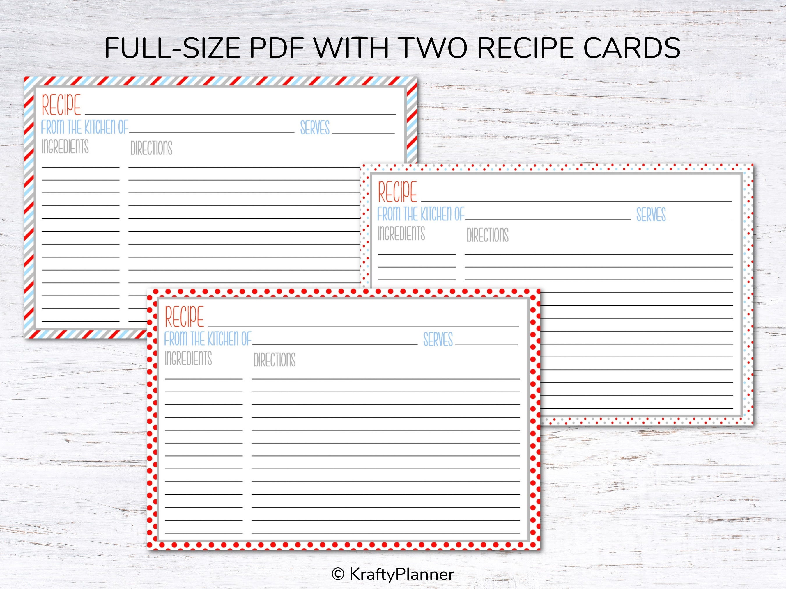Recipe Cards - Instant Download - Red, Blue & Gray - Etsy
