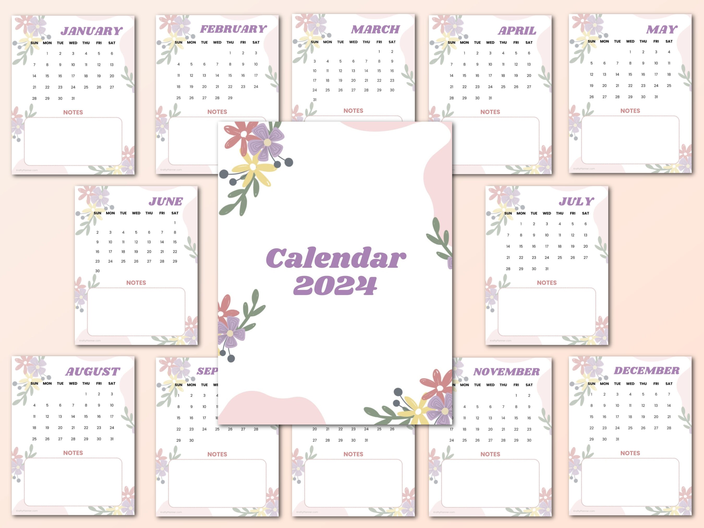 2024 Printable Floral Calendar With Notes Area Pretty Monthly Calendar ...