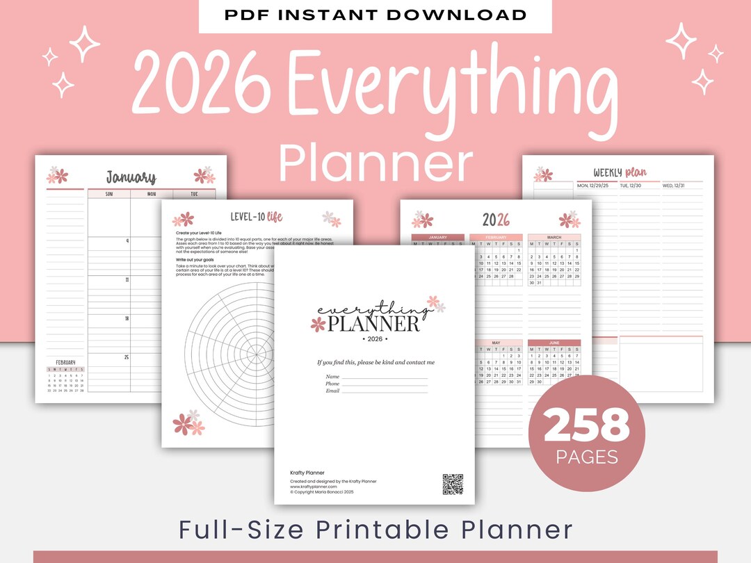 Printable 2026 Everything Planner | Pink Flowers 258-page Planner ...