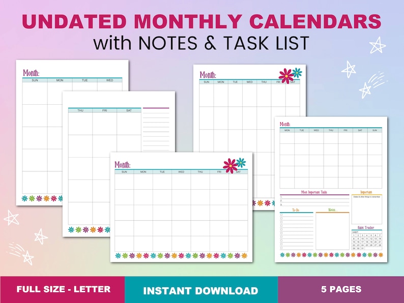 Undated Monthly Calendar Printables: Stay Organized in Style - Etsy