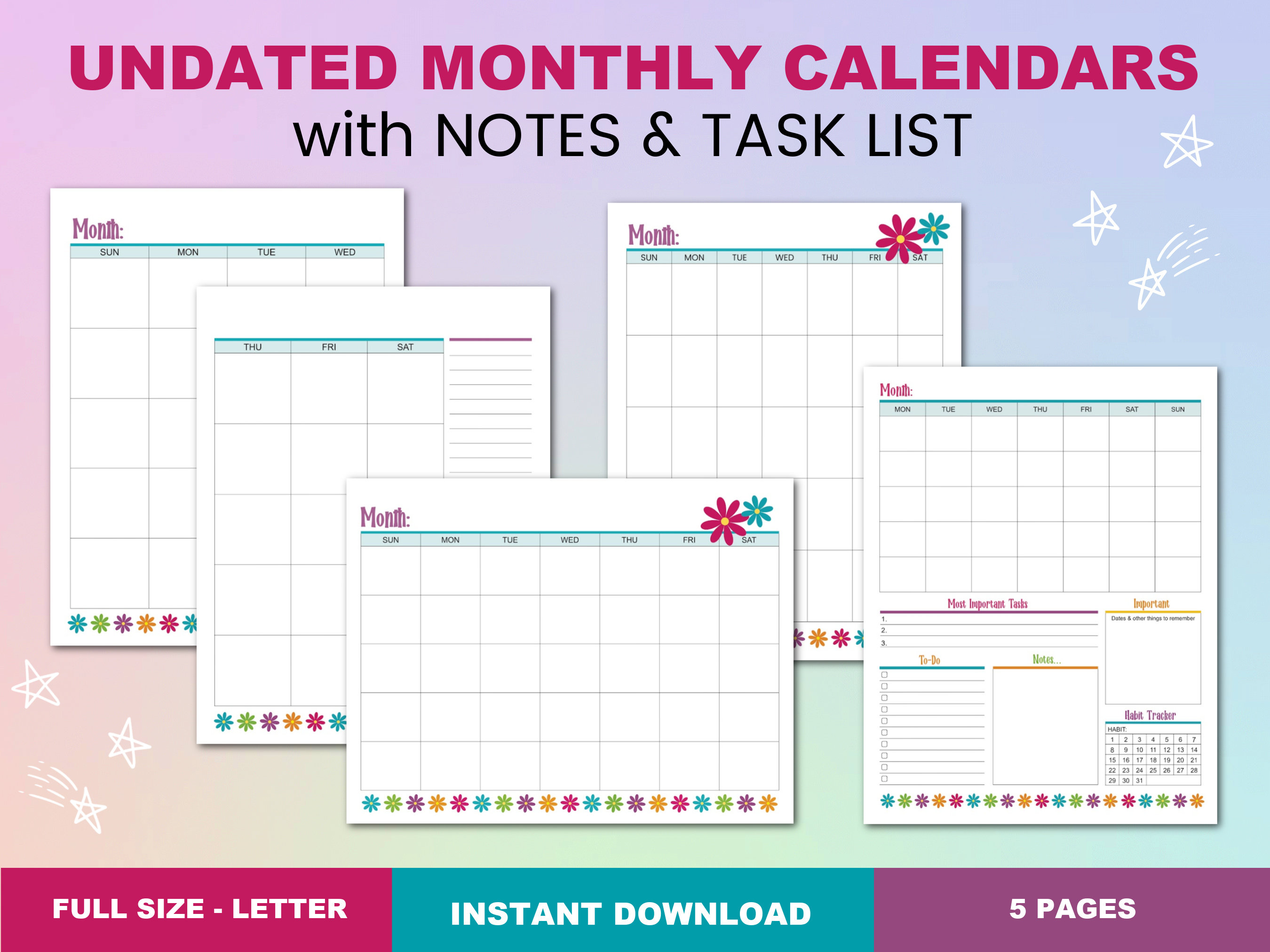 Undated Monthly Calendar Printables: Stay Organized in Style - Etsy