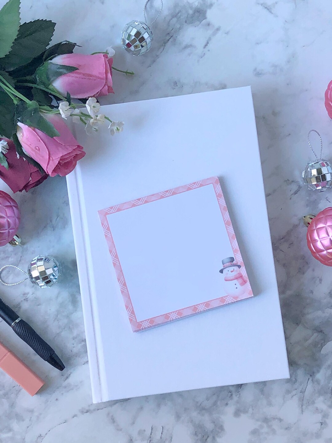 Pink Plaid Snowman Notepad Pink Christmas Collection Square 3.75x3.75 ...