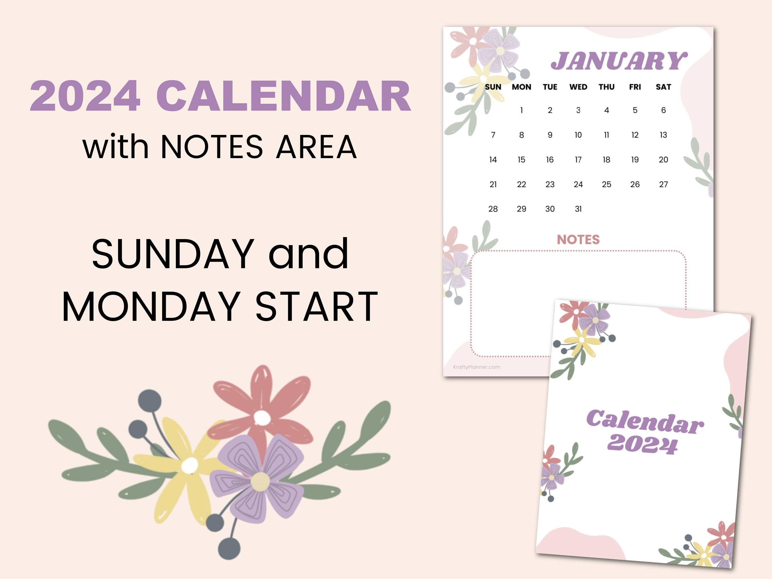 2024 Printable Floral Calendar With Notes Area Pretty Monthly Calendar ...