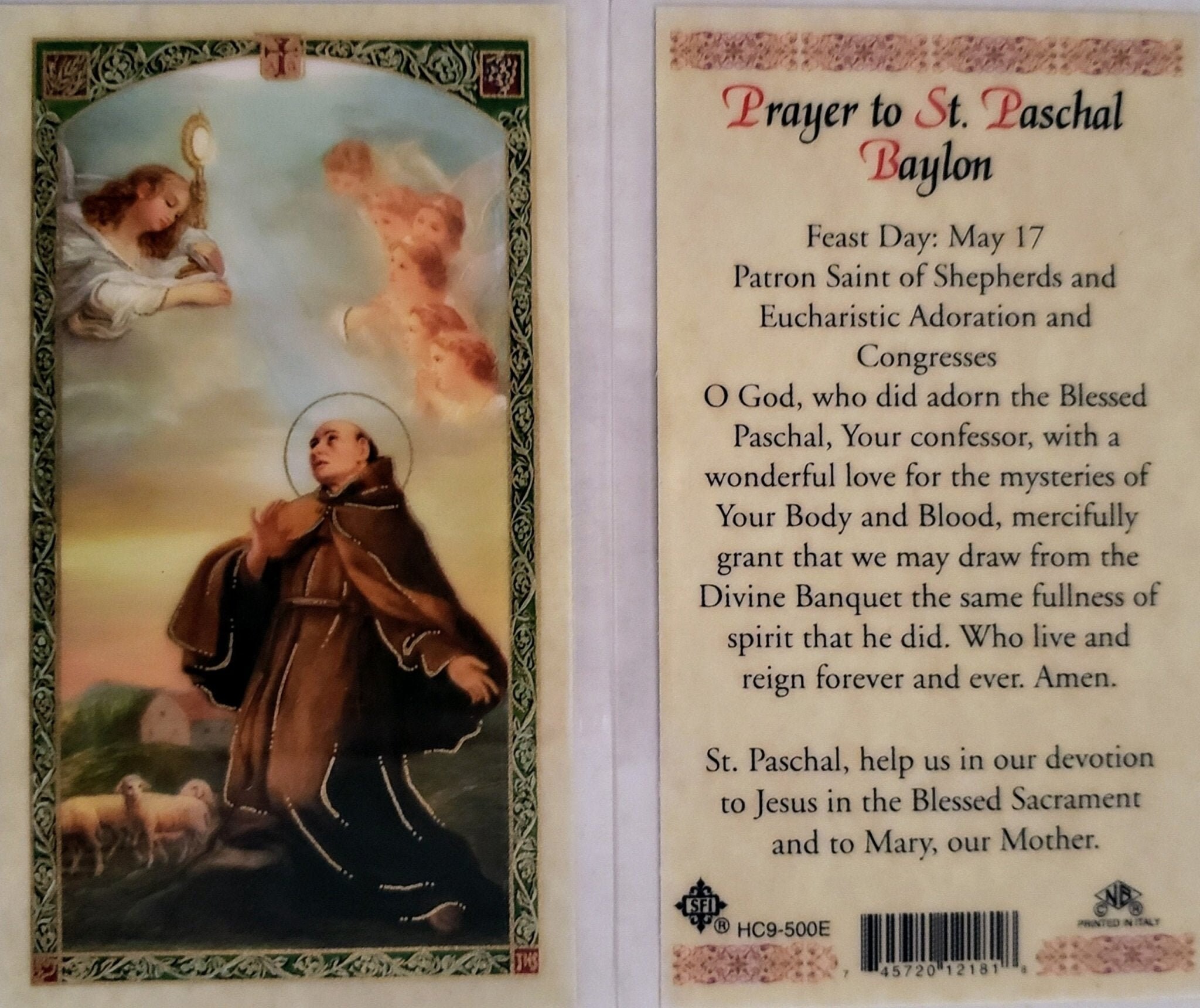 Prayer Card Prayer to Saint Paschal Baylon Laminated HC-E - Etsy