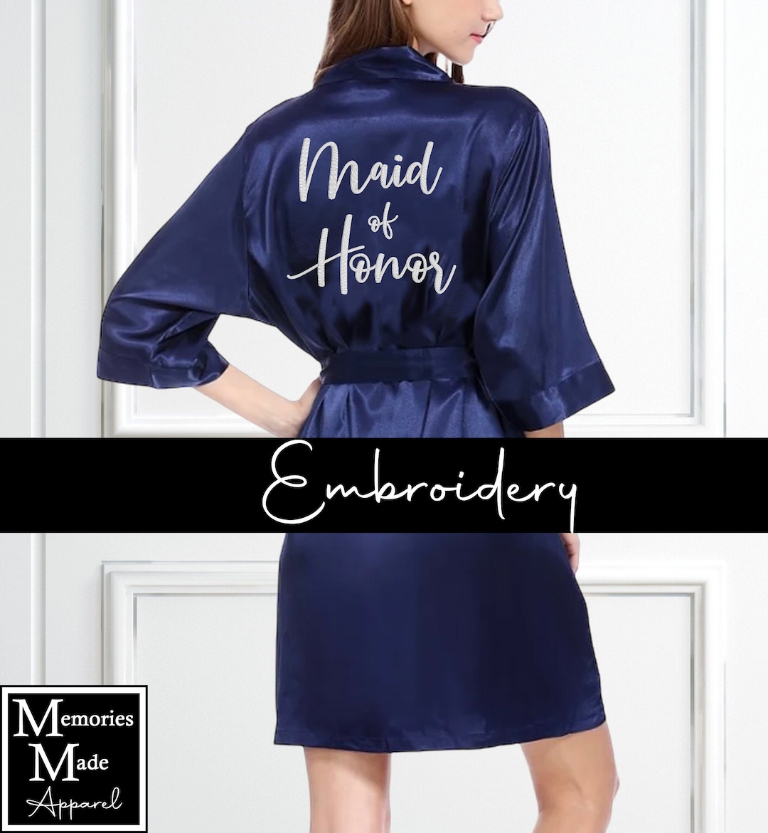Navy Satin Robes, Embroidered, Satin Bridesmaid Robes, Embroidered ...