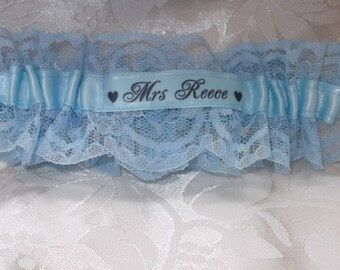 Blue Wedding Garter Personalised Something Blue Lace and Satin Brides ...