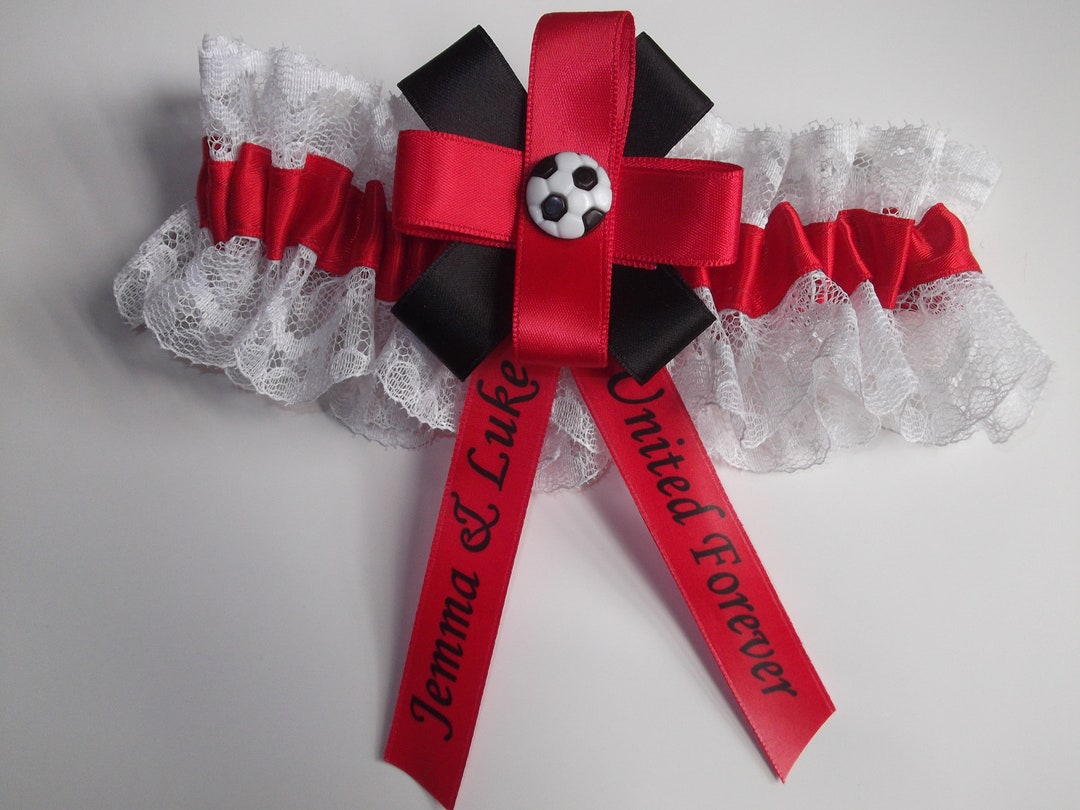 Personalised Football Team Themed Wedding Garter in Red White and Black ...