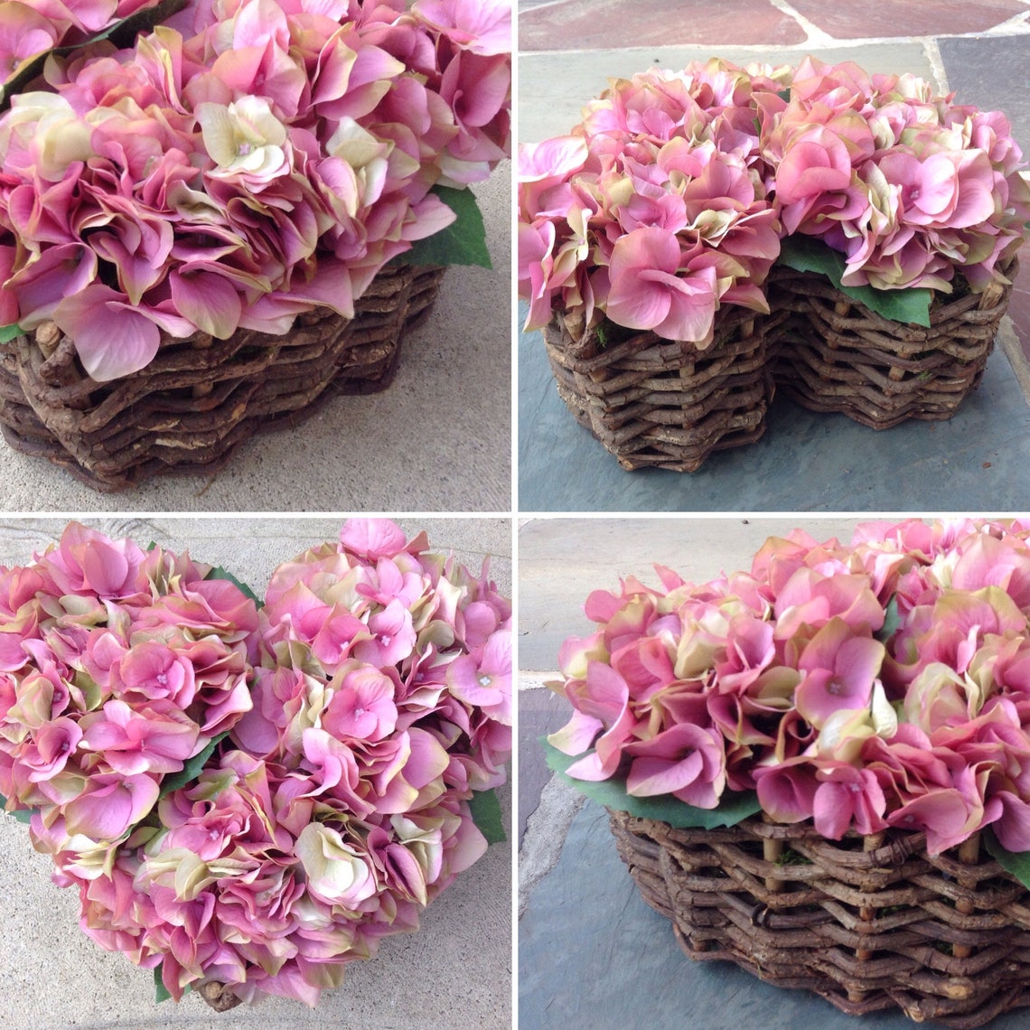 Heart Shaped Rustic Twig Basket Filled With Pink Hydrangeas. Premium ...