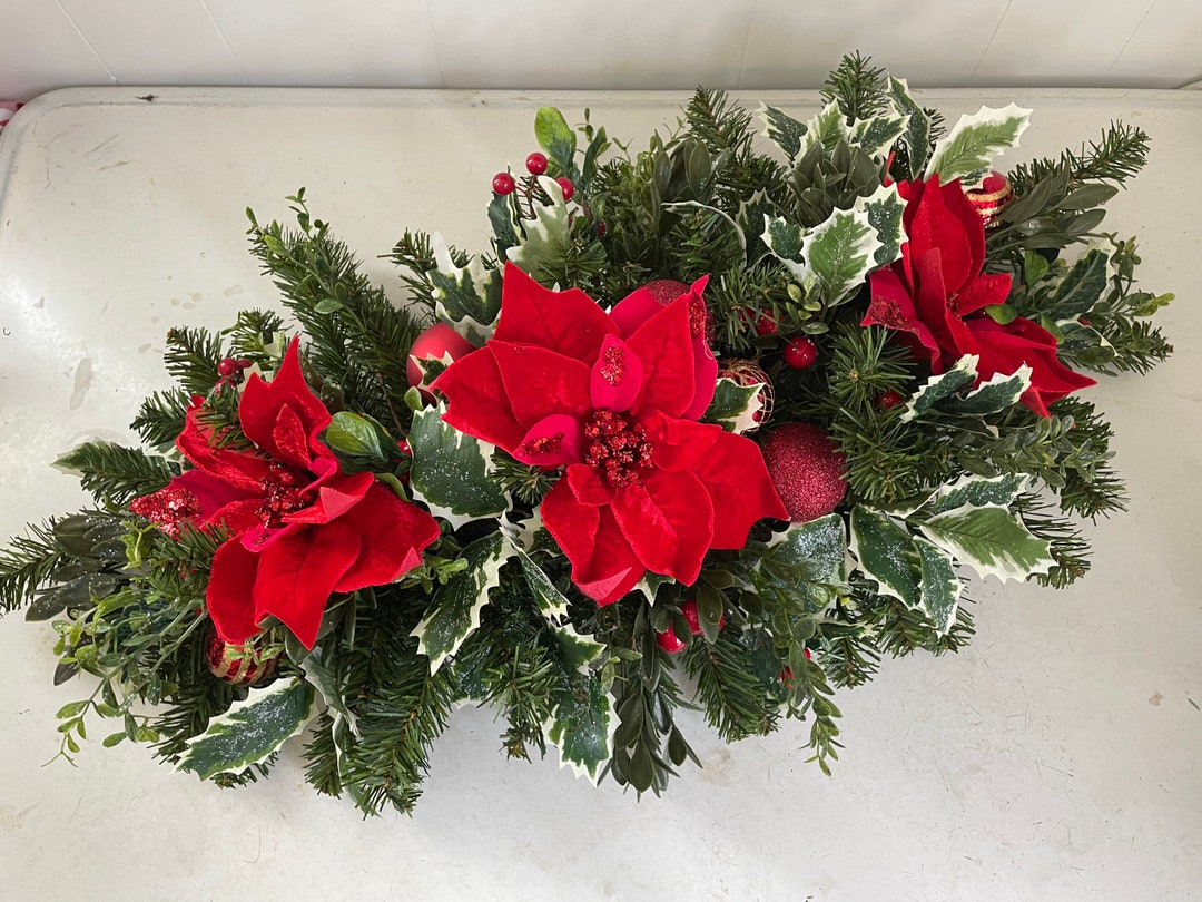 Christmas Red Velvet Poinsettia and Holly Floral Centerpiece - Etsy