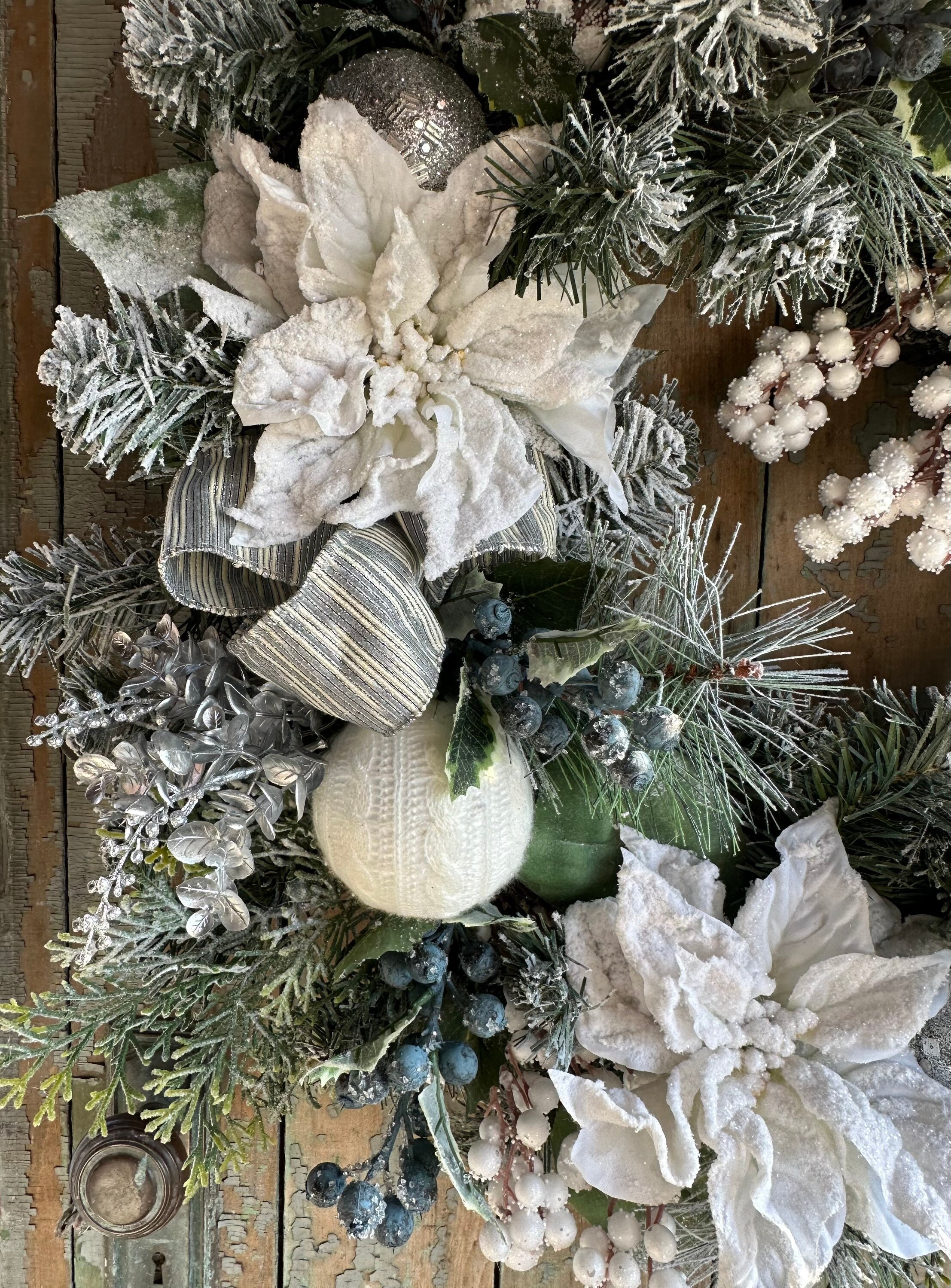 Snowy Winter Wreath. Flocked White Poinsettias With Snow Dusted Greens ...