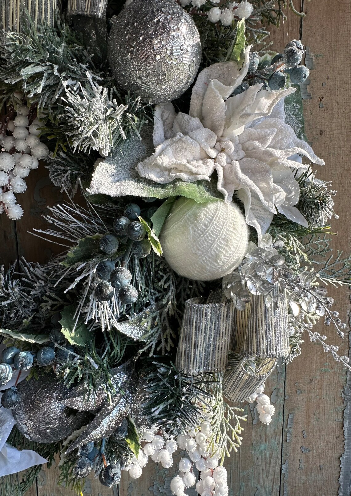 Snowy Winter Wreath. Flocked White Poinsettias With Snow Dusted Greens ...